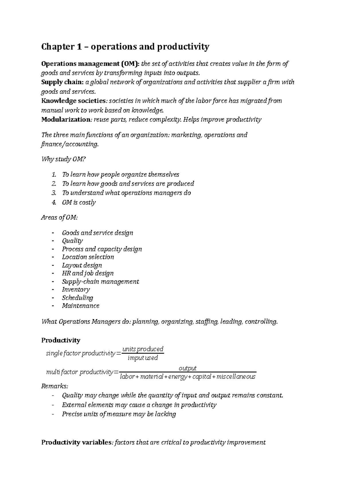Operations Management Overview as per Chapter Summaries - Fall 2023 ...