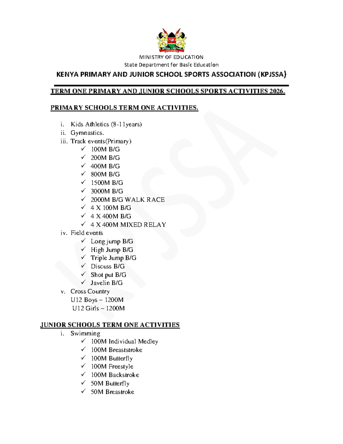 TERM ONE KPJSSA Sports Activities for Primary & Junior Schools 2026 ...