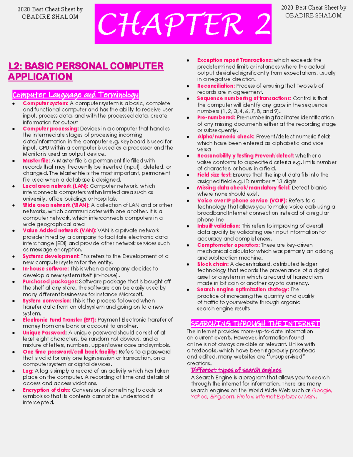 2020 OBADIRE SHALOM Cheat Sheet: Basic PC Applications & Terminology ...