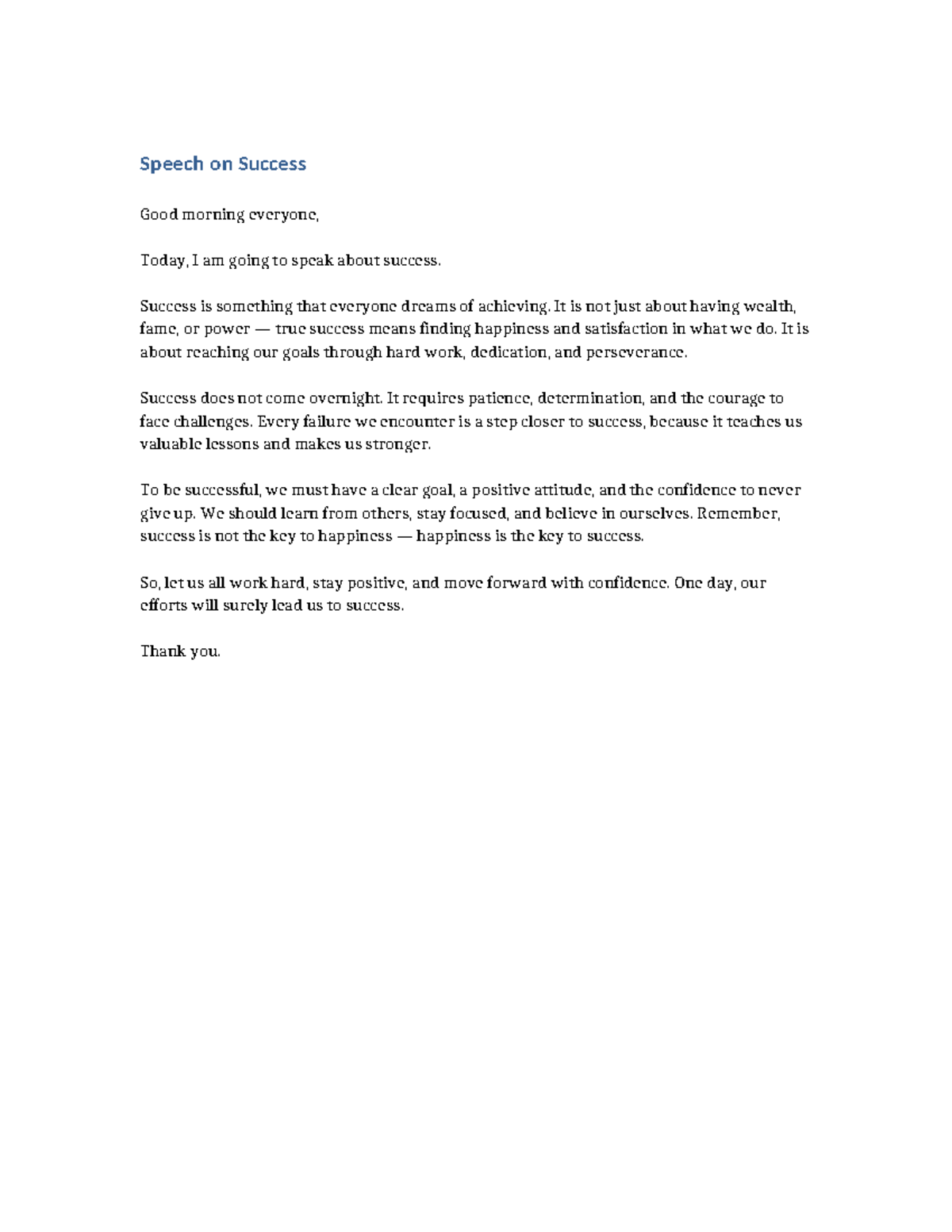 Speech on Success: Keys to Achieving Your Goals - Studocu