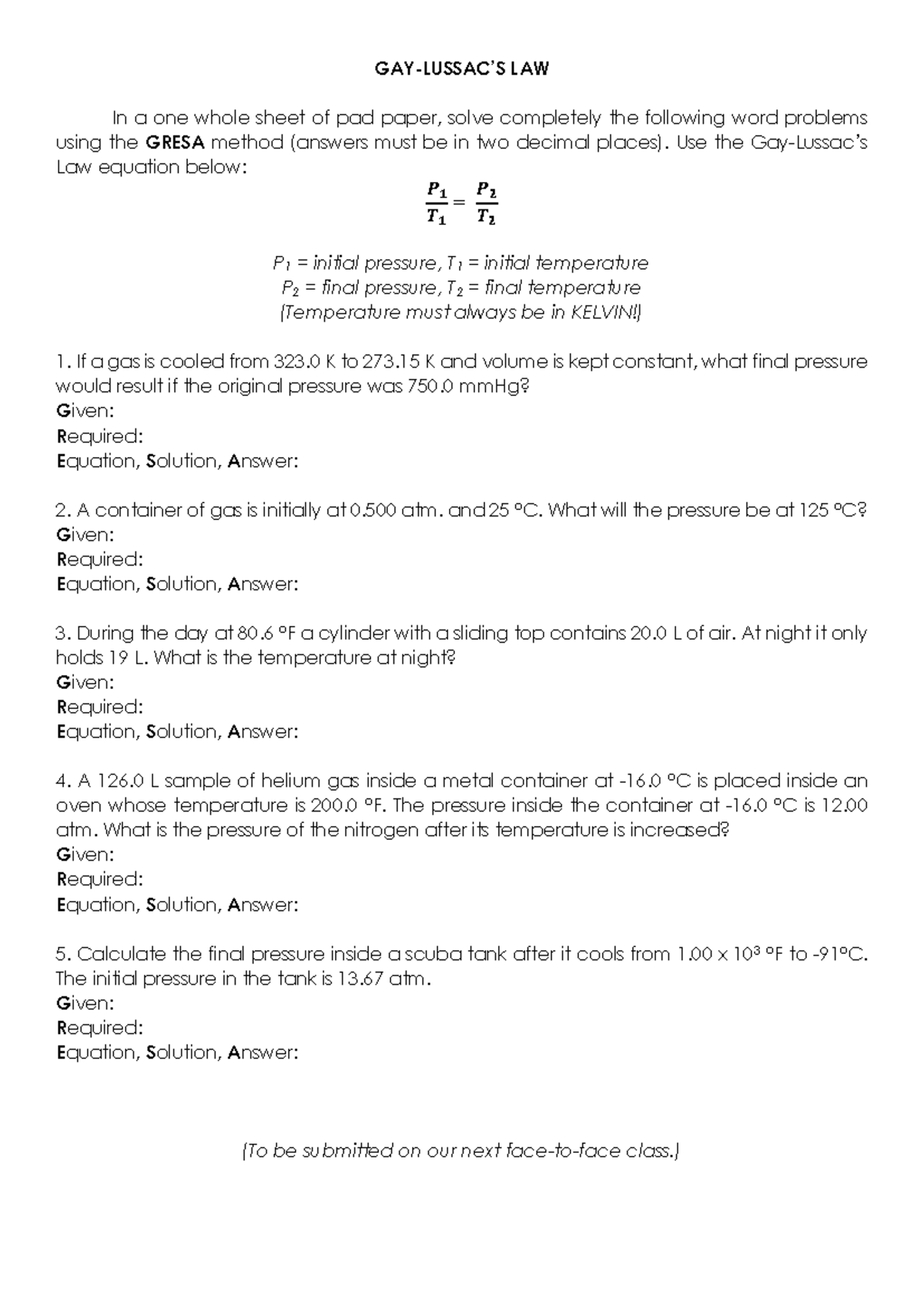 LAW: Gay-Lussac's Law Word Problems & GRESA Method Solutions - Studocu