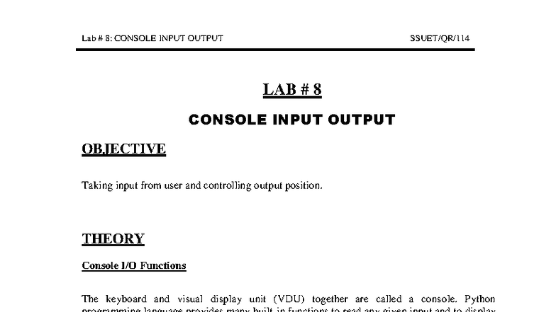 Lab 8: Console Input and Output in Python - Overview and Tasks - Studocu