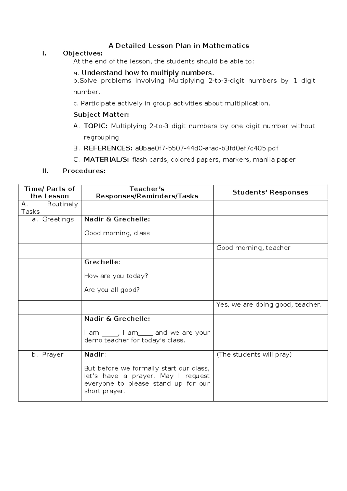 Detailed Lesson Plan in Mathematics: Multiplying One-Digit Numbers ...