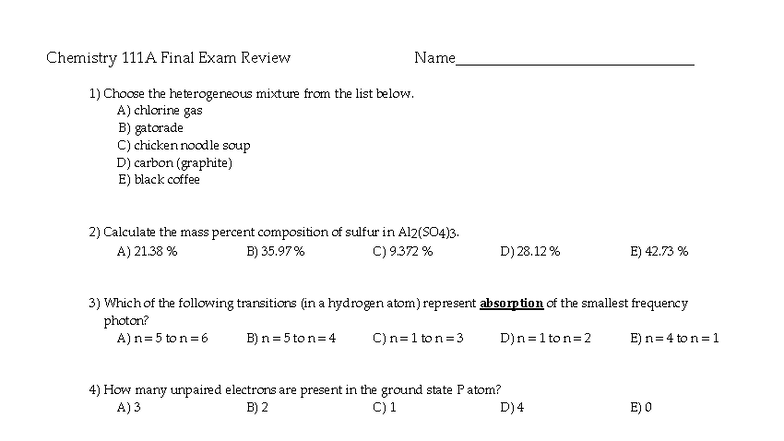 Chemistry 111A Final Exam Review: Extra Problems and Solutions - Studocu