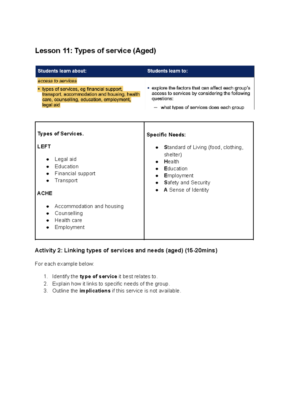 CAFS Lesson 11: Linking Aged Services to Specific Needs - Studocu
