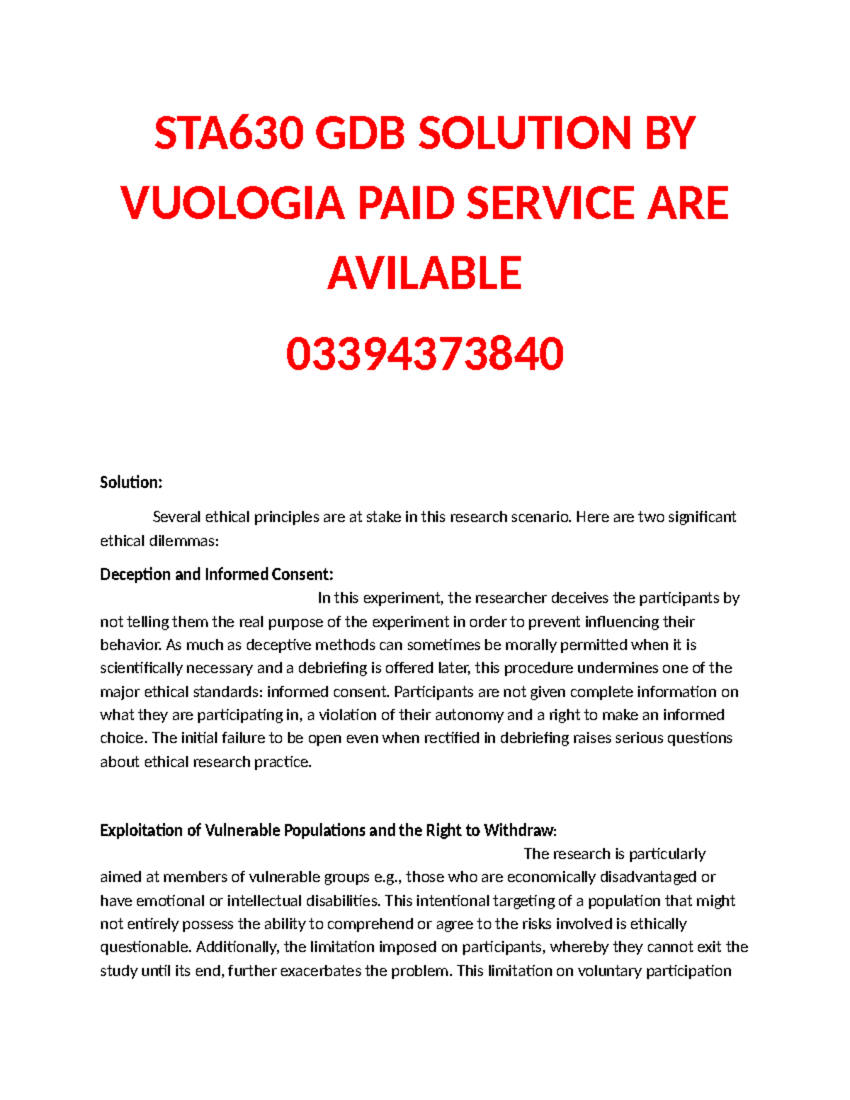 STA630 GDB Solution: Ethical Dilemmas in Research Practices - Studocu