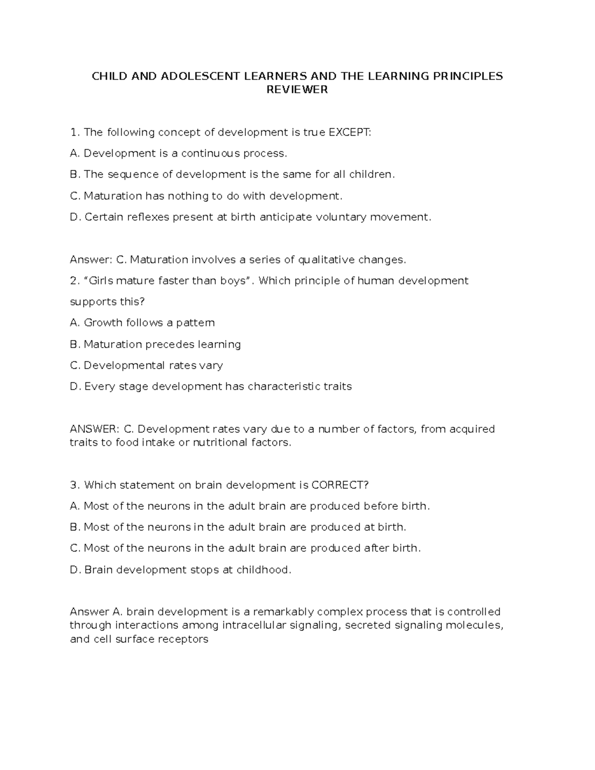 CHILD AND ADOLESCENT LEARNERS: LEARNING PRINCIPLES REVIEWER - Studocu