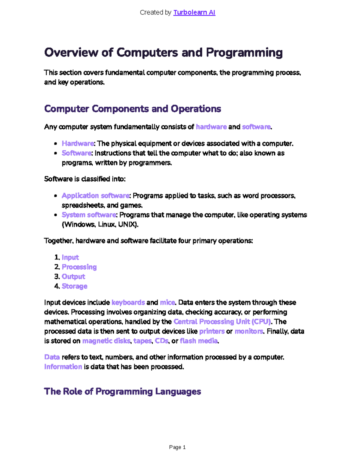 Turbolearn AI: Overview of Computers & Programming Concepts - Studocu