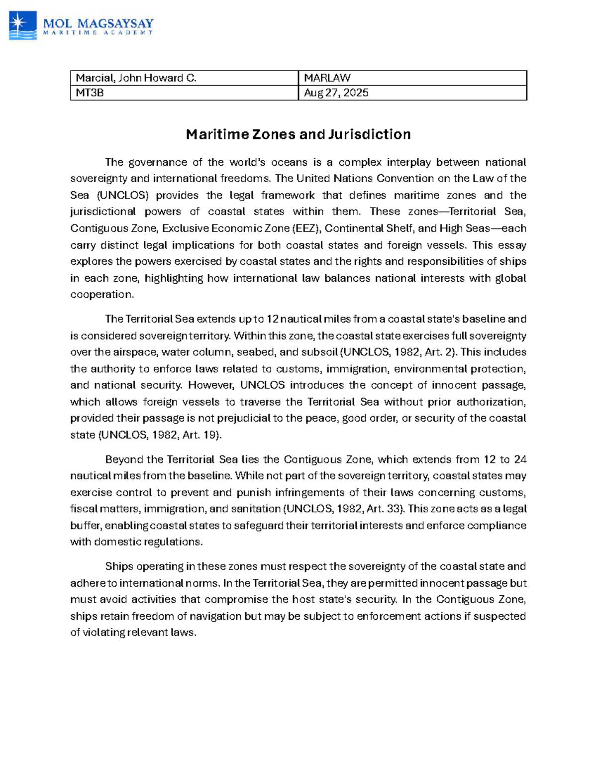 Marcial, John Howard C. MT3B MARLAW: Maritime Zones & Jurisdiction ...