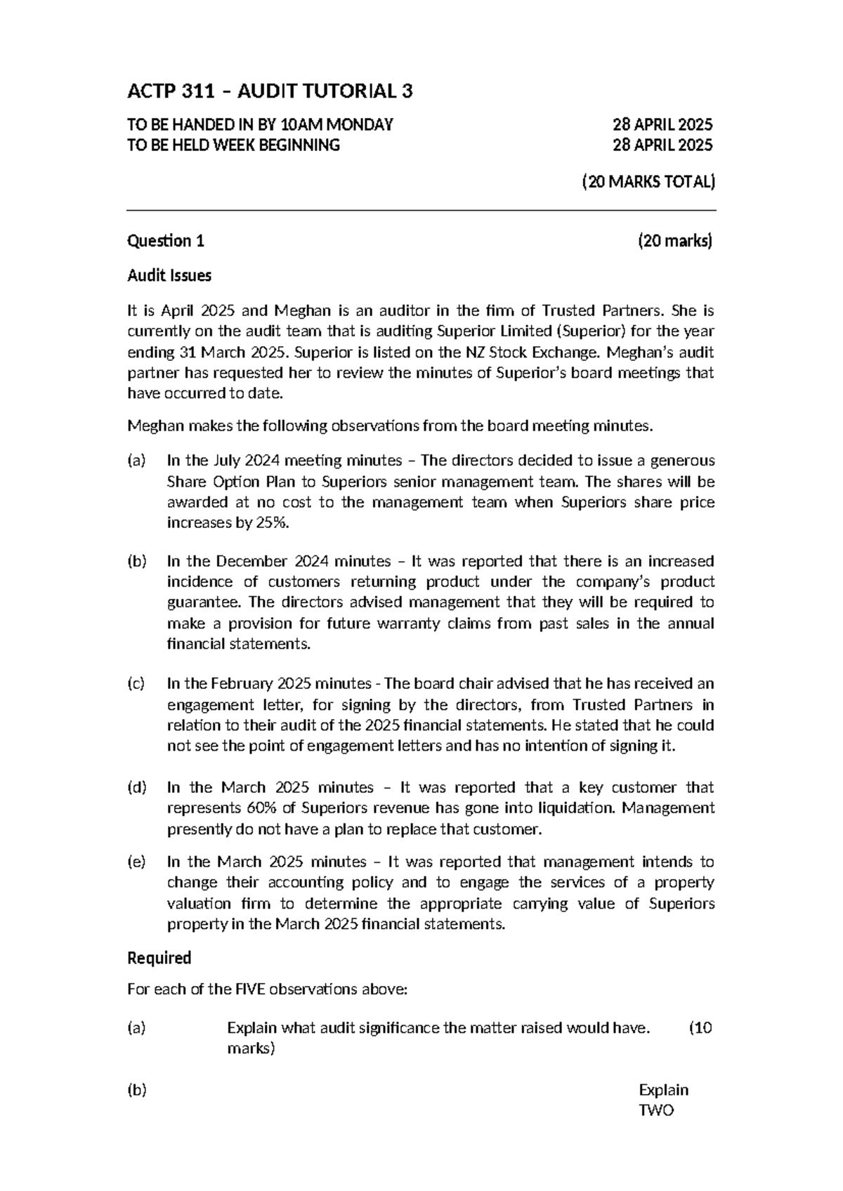 ACTP 311 Audit Tutorial 3: Key Issues & Audit Significance (Due 28 Apr ...