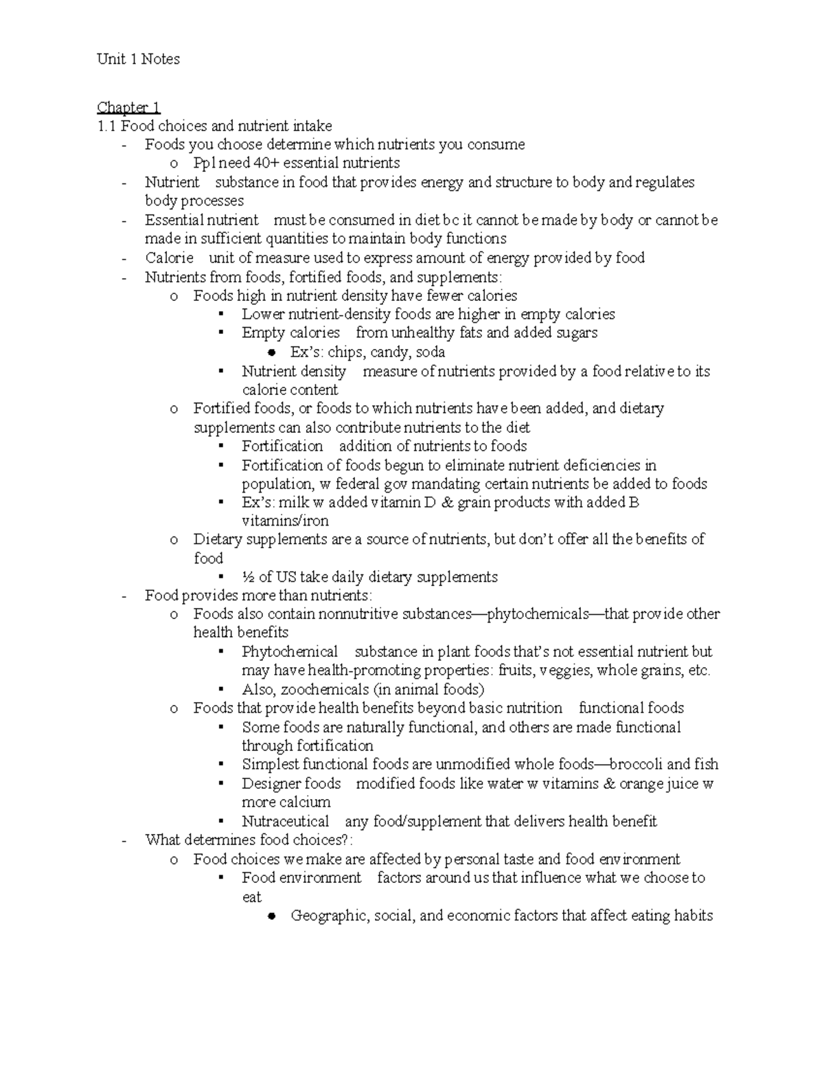 Nutrition 101: Unit 1 Lecture Notes on Nutrients & Food Choices - Studocu