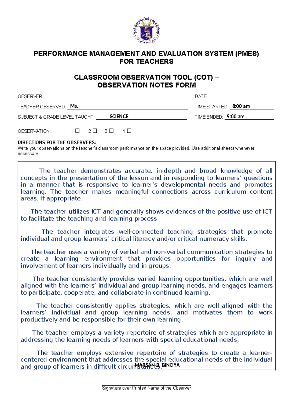 PMES Classroom Observation Tool (COT) Notes for Teachers - Studocu