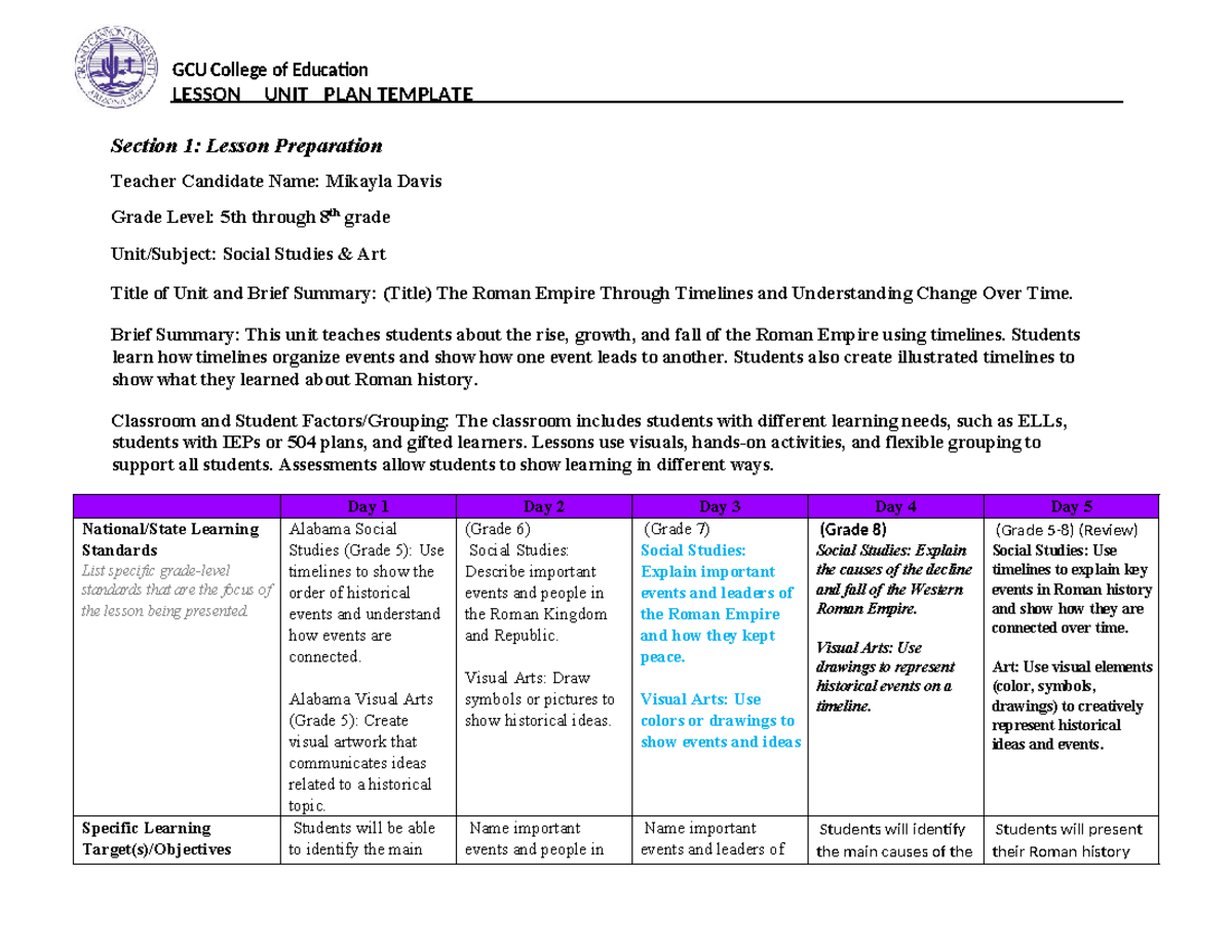 GCU College of Education LESSON UNIT PLAN: The Roman Empire Timelines ...