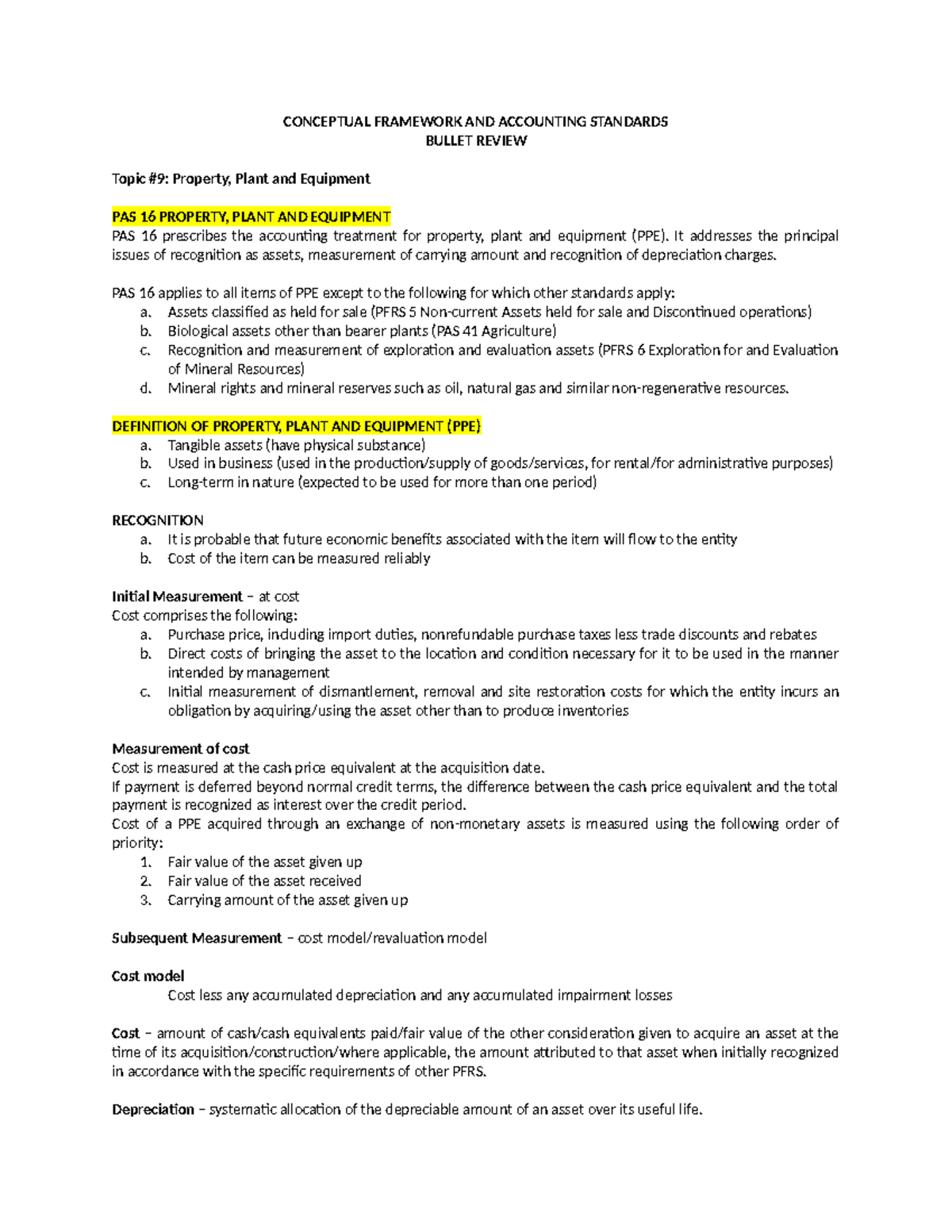 Topic 9 PAS 16 - Property, Plant and Equipment Review Notes - Studocu