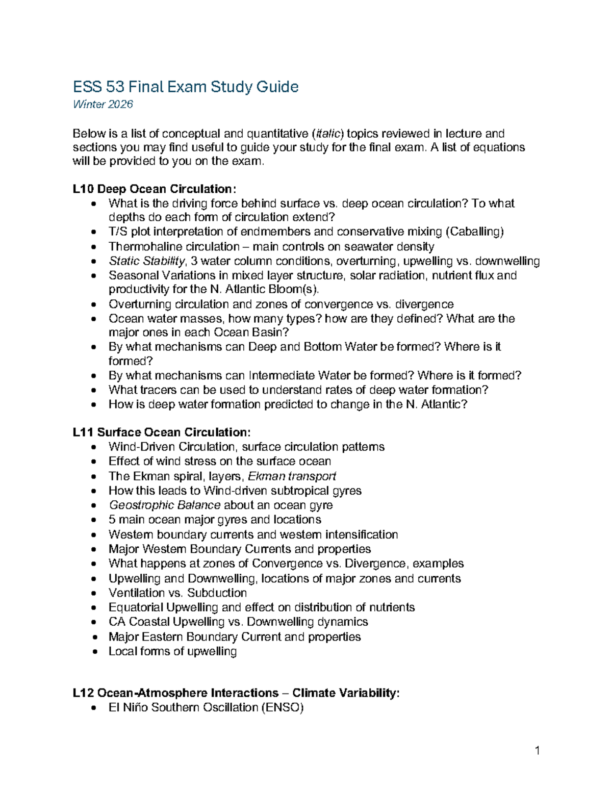 ESS 53 Final Exam Study Guide - Winter 2026 - Studocu