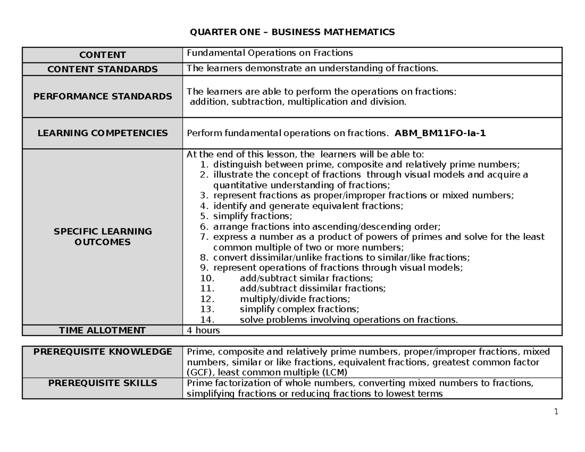 ABM_BM11FO-Ia: Operations on Fractions in Business Math Lesson - Studocu