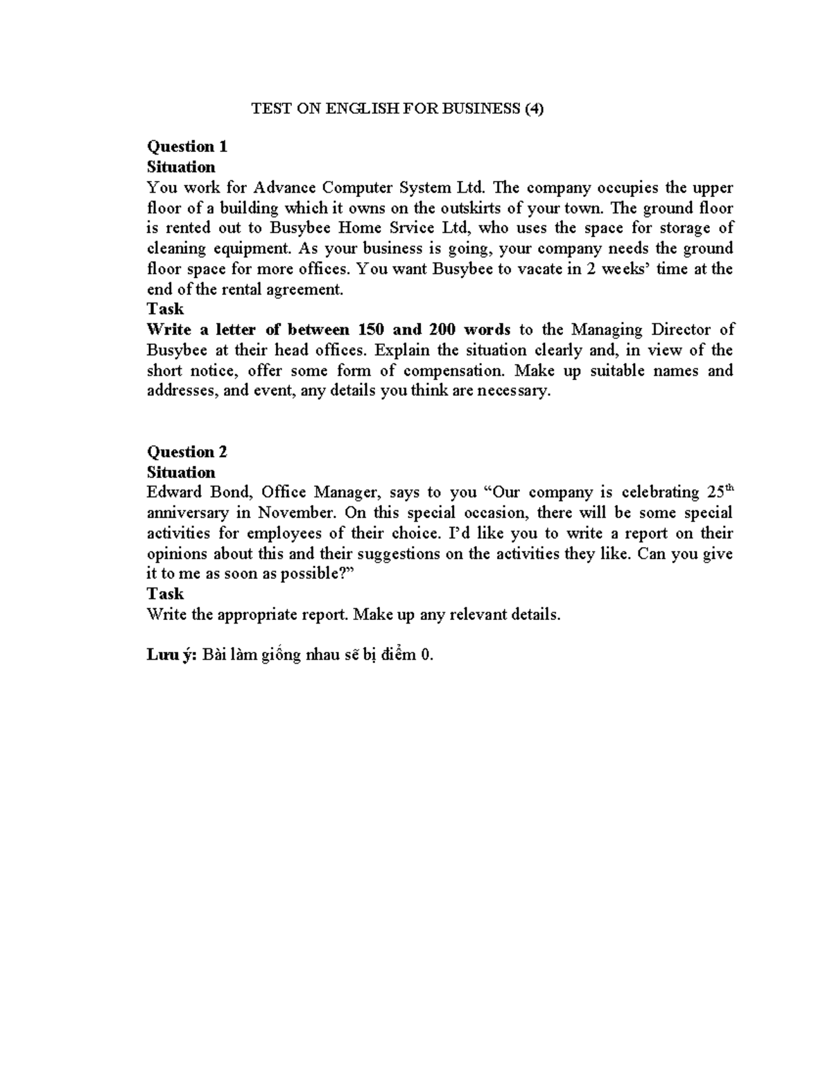 TEST ON English FOR Business - TEST ON ENGLISH FOR BUSINESS (4 ...