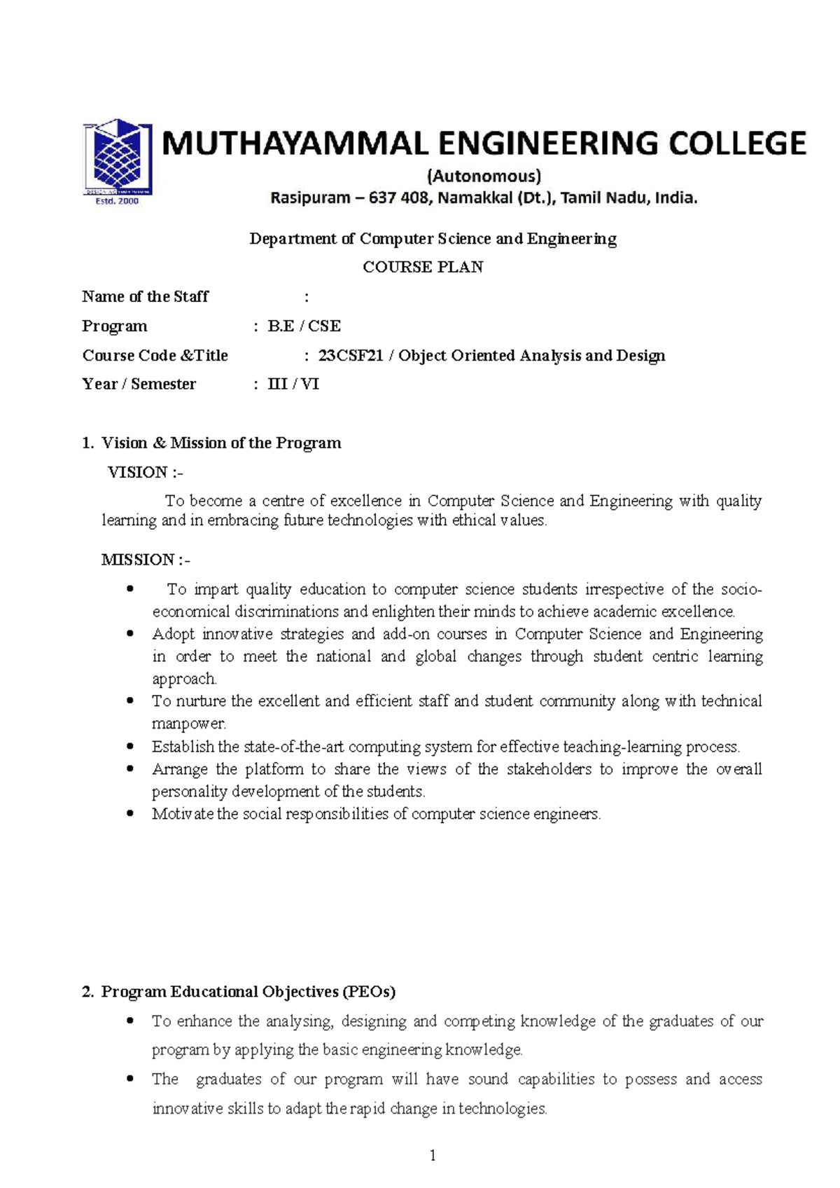 Course Plan for B.E CSE 23CSF21: Object Oriented Analysis & Design ...