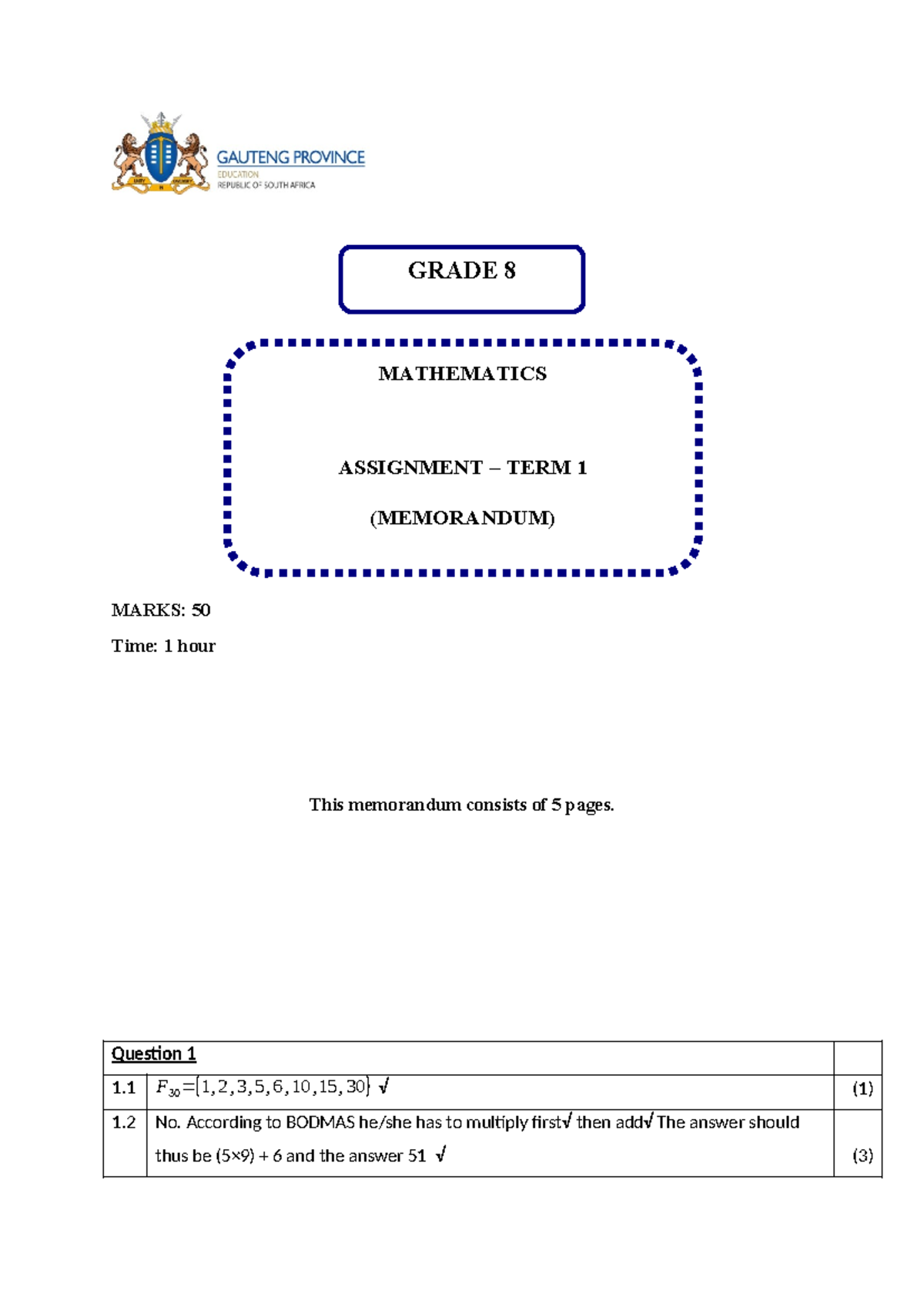 Gr 8 Maths Term 1 Assignment Memo - Solutions and Explanations - Studocu