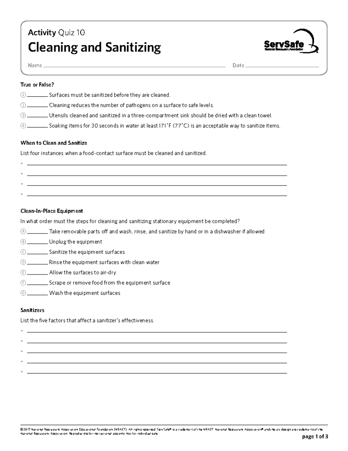 SS 7e Quiz 10 - Cleaning and Sanitizing for ServSafe Exam - Studocu