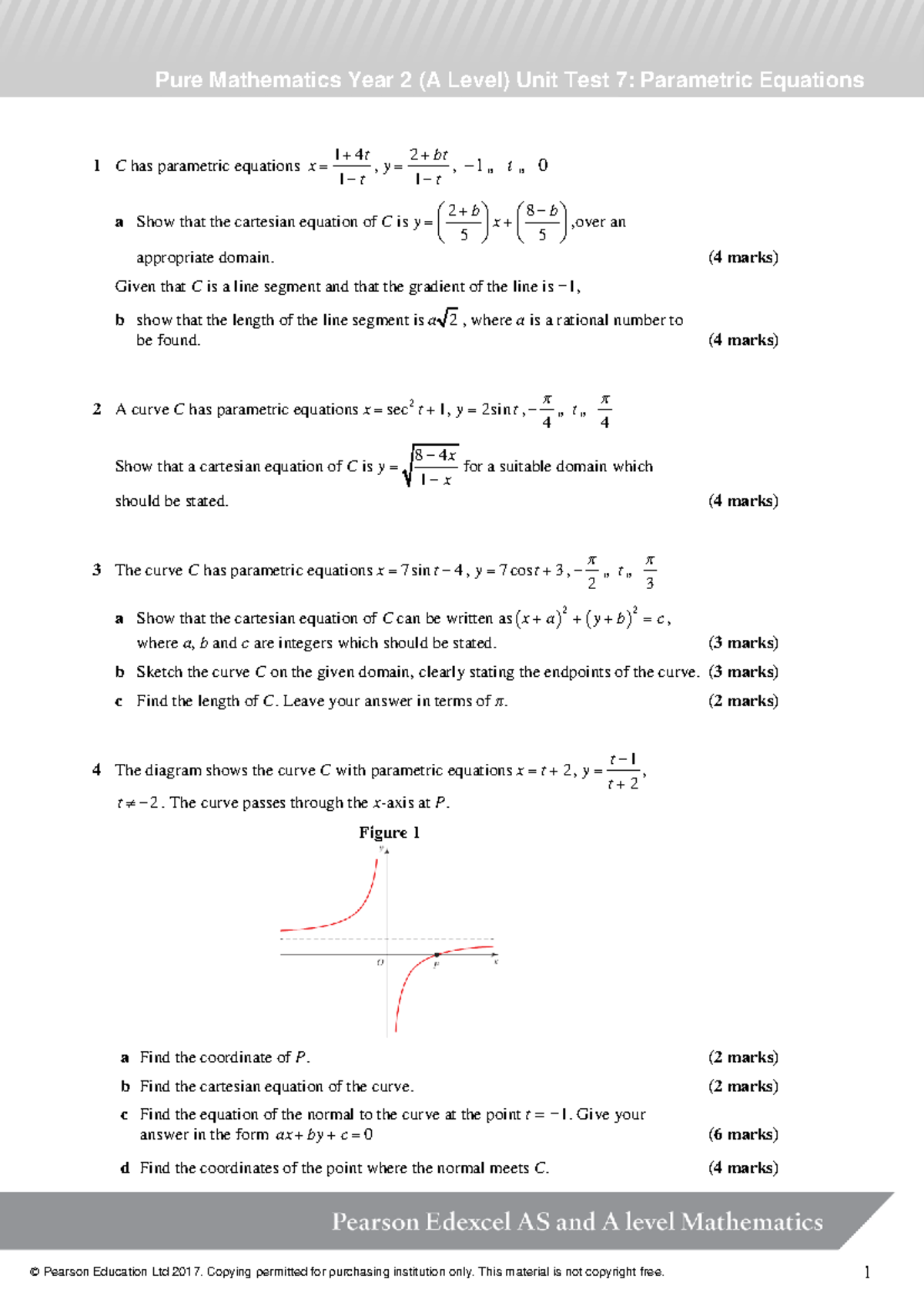 672878245 A Level Pure Unit 7 Parametric Equations QP 2 - Pure ...