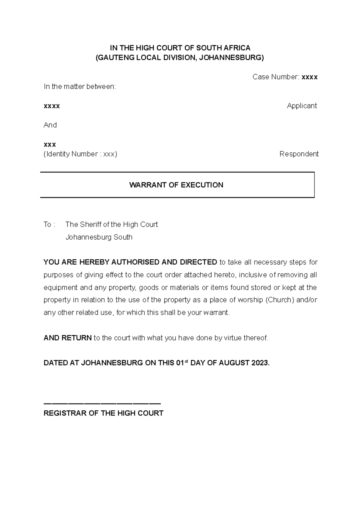 WARRANT OF EXECUTION - Example Case in Gauteng Local Division - Studocu