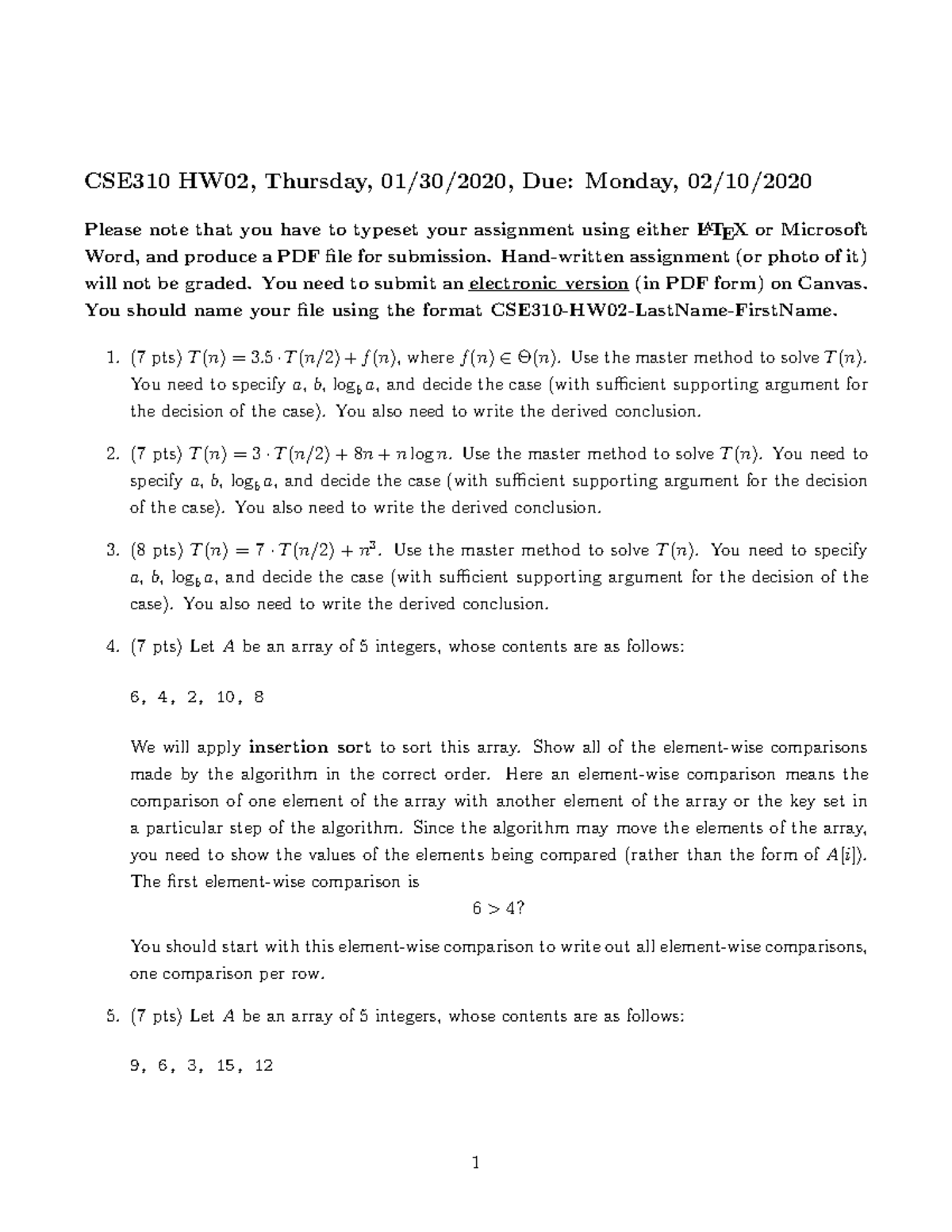 CSE310-HW02: Assignment on Master Method & Sorting Algorithms - Studocu