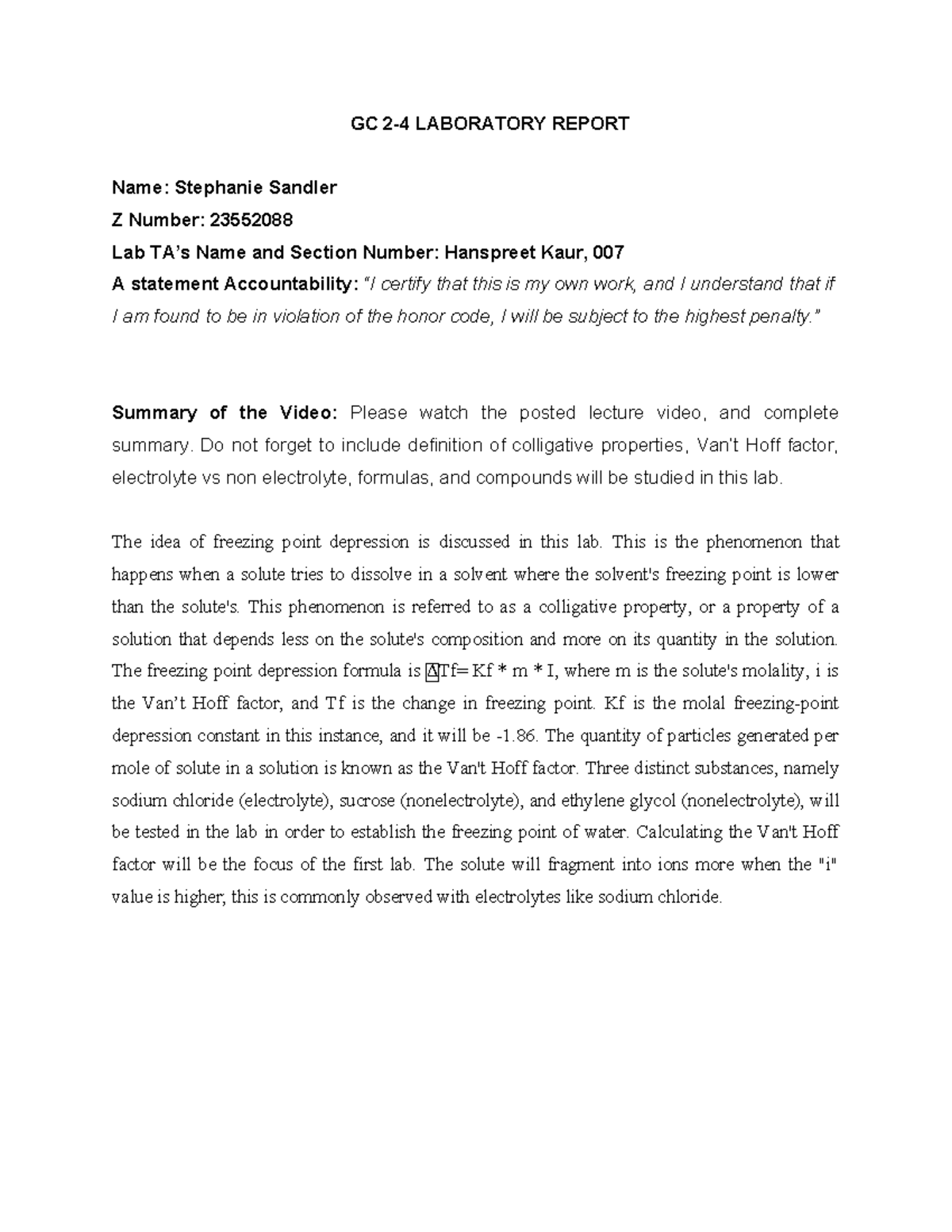 GC 2-4 Freezing Point Depression - GC 2-4 LABORATORY REPORT Name ...