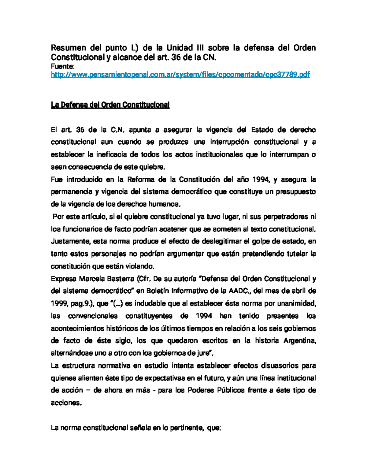 Resumen del Art. 36 de la CN: Defensa del Orden Constitucional - Studocu