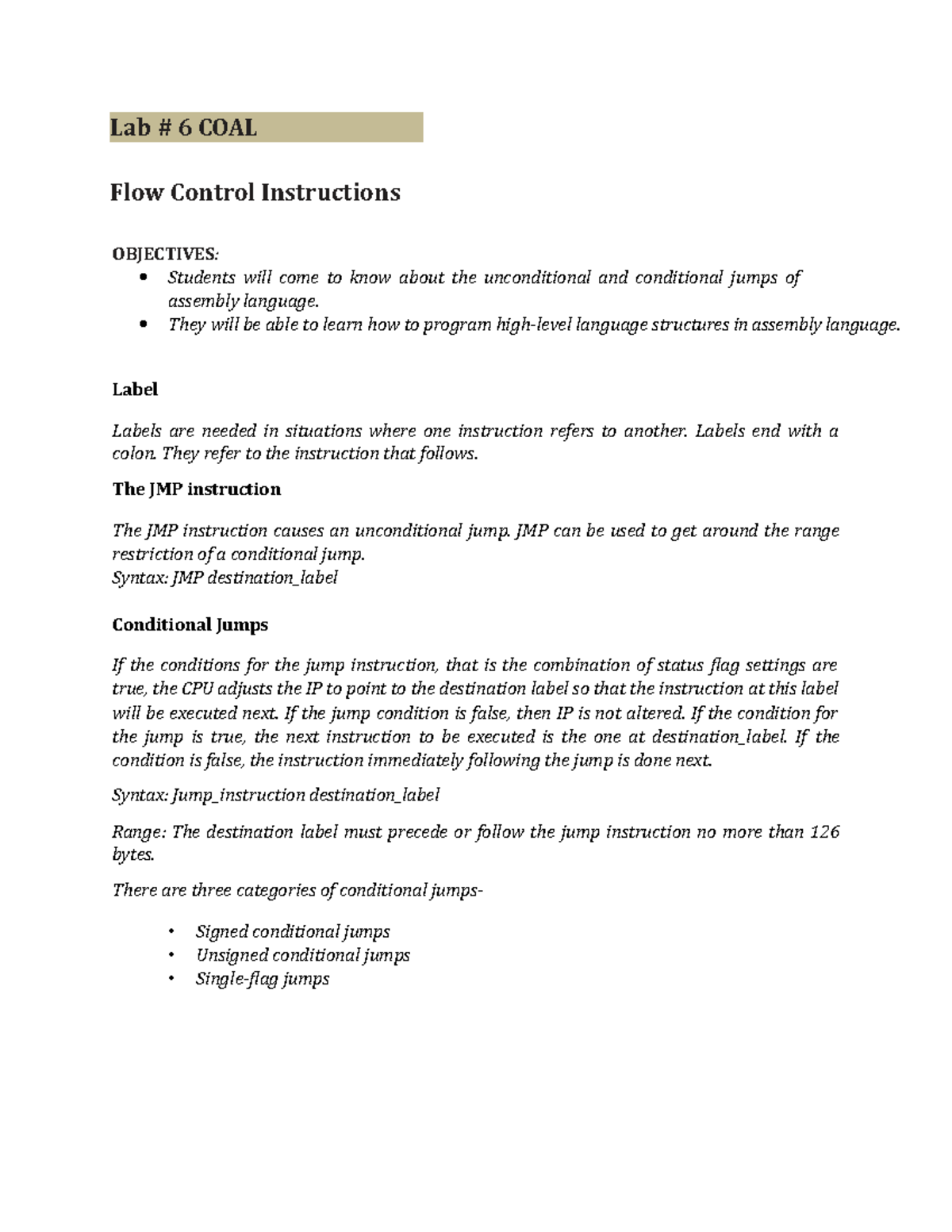 Lab #6 Assembly Language Conditional & Unconditional Jumps Guide - Studocu