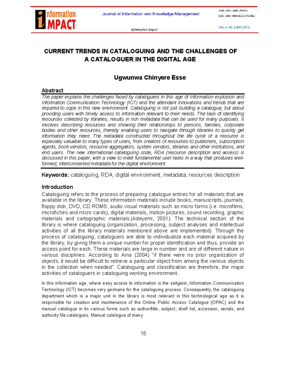 Current Trends IN Cataloguing AND THE Challenges OF A Cataloguer IN THE ...