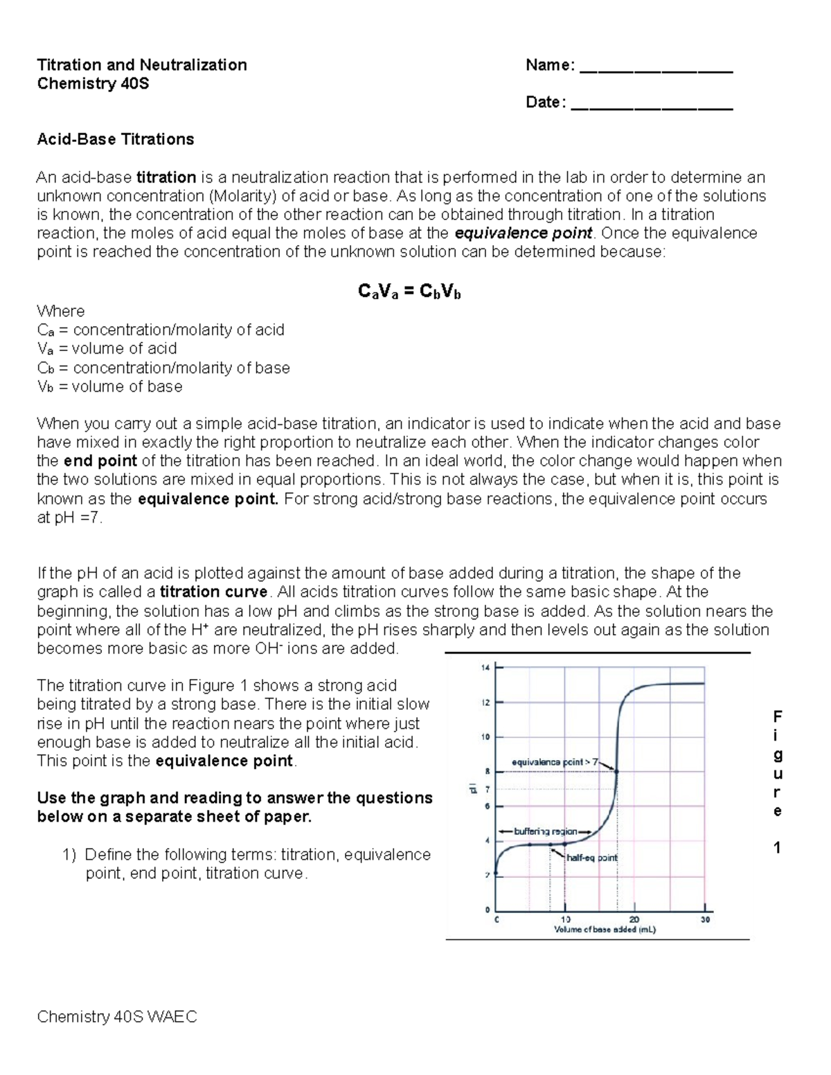 Chemistry 40S: Titration and Neutralization Worksheet - Studocu