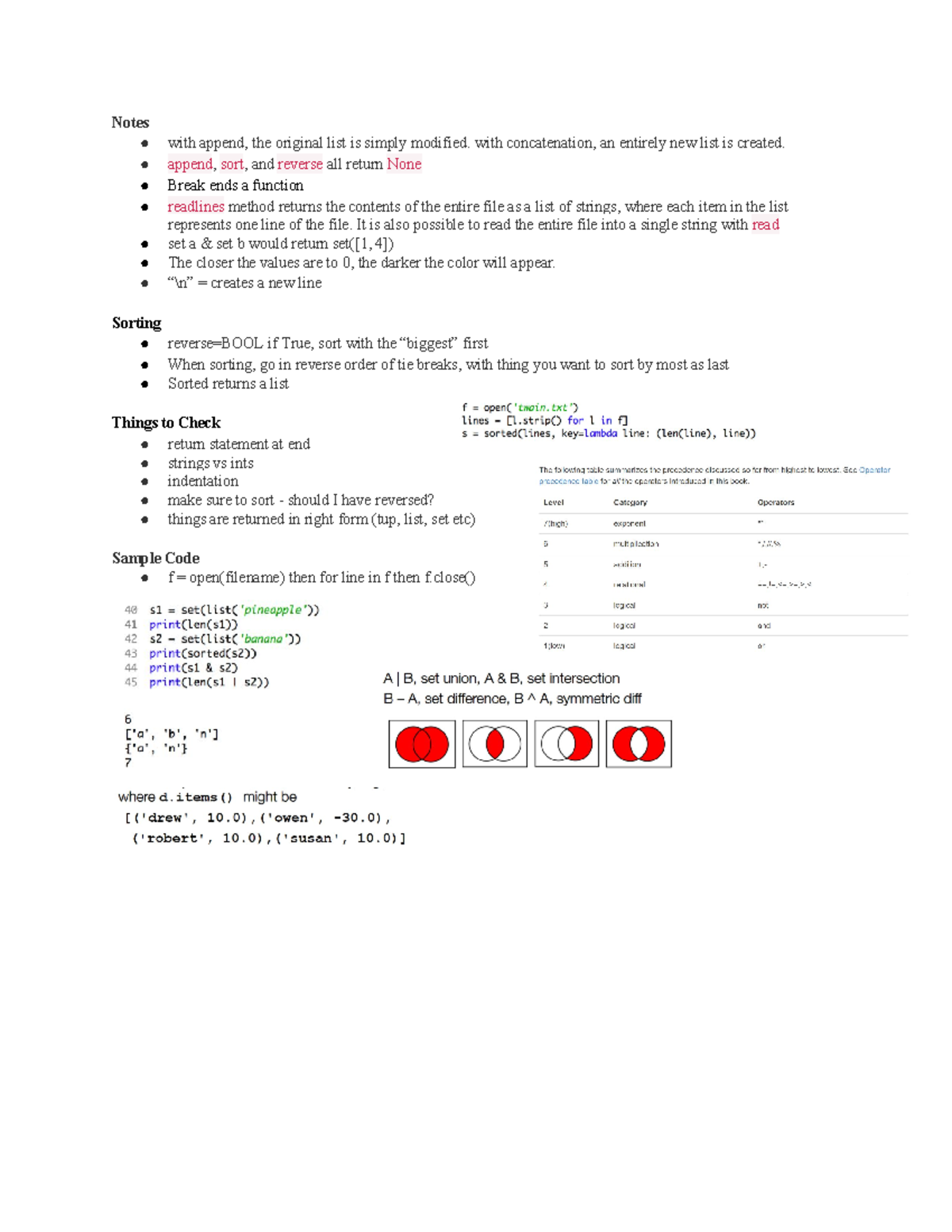 CS Midterm 2 Cheat Sheet - Notes with append, the original list is ...