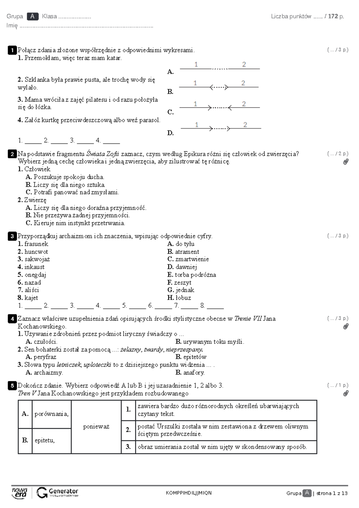 Cienie i blaski życia - Test z widoczną punktacją - Studocu
