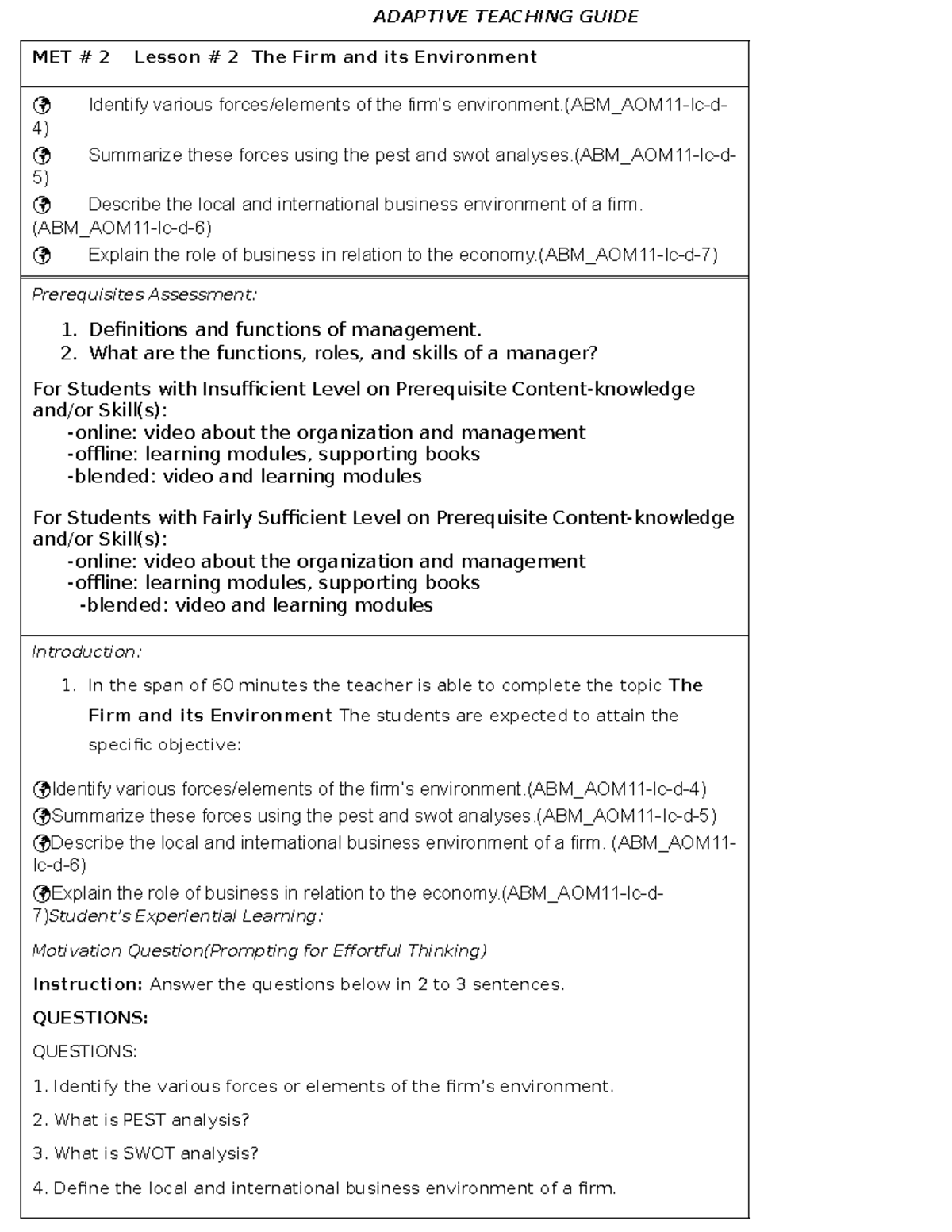 ADAPTIVE TEACHING GUIDE MET 2 Lesson 2: The Firm & Its Environment ...