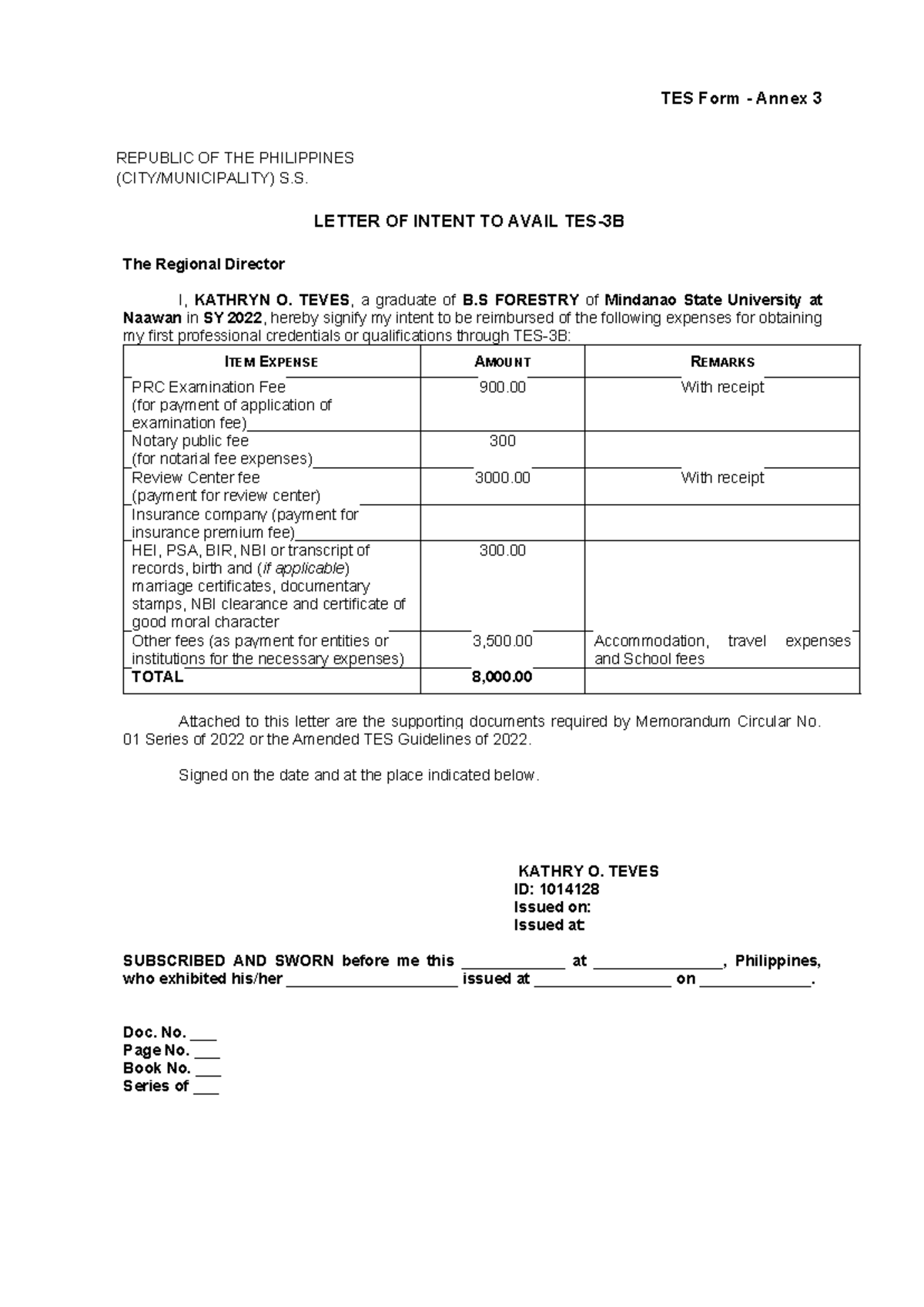 TES-3B Letter of Intent for Availment - Updated Annex 3 Document - Studocu