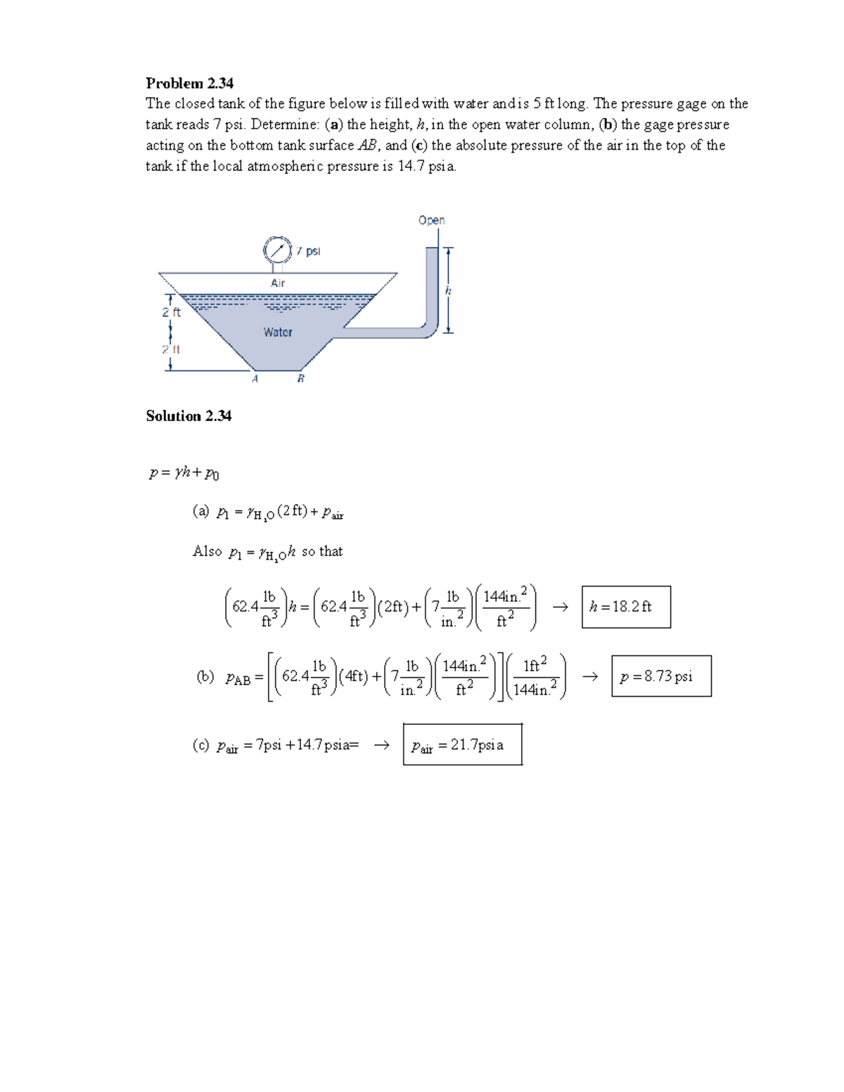 HW2 Solutions Prof Asadi - The closed tank of the figure below is filled with water and is 5 ft ...