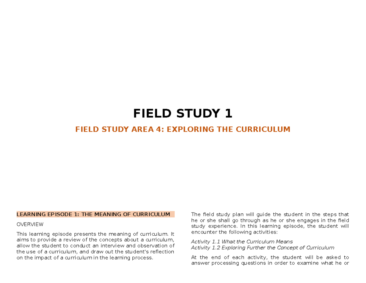 Field Study 1: Comprehensive Overview of Curriculum Concepts - Studocu
