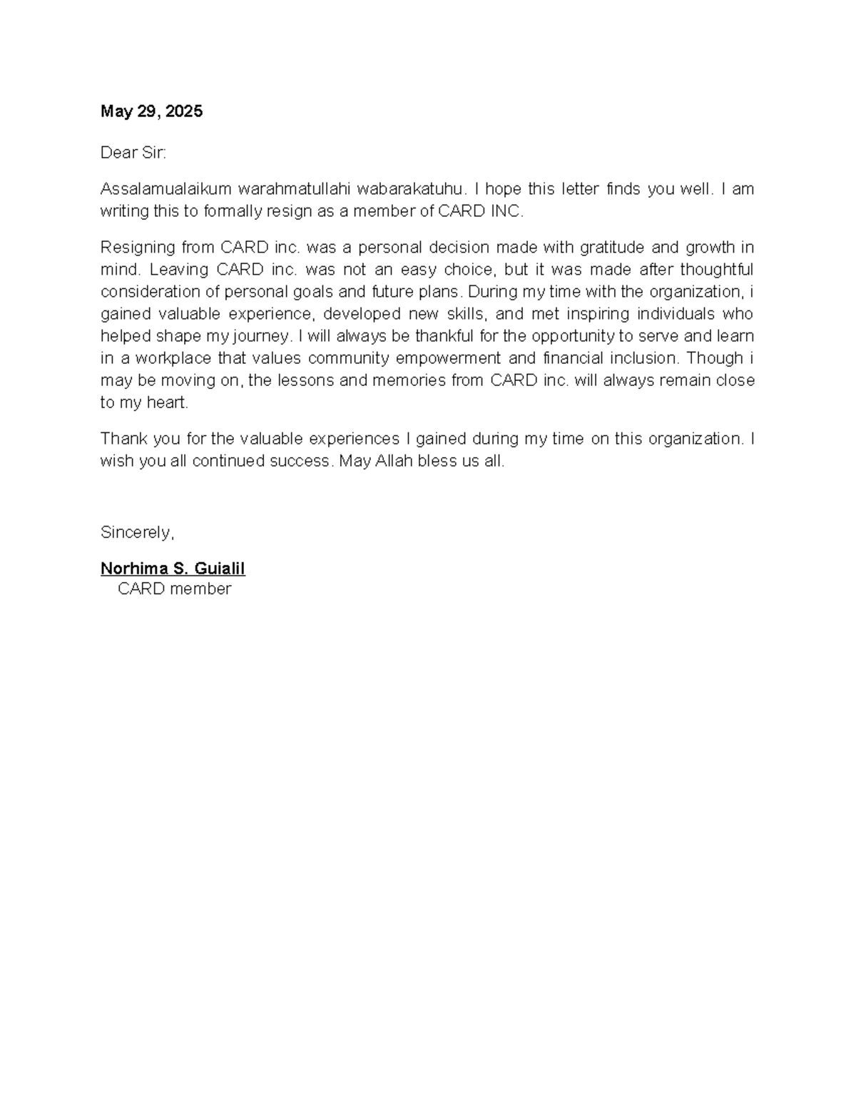 Resignation Letter from CARD INC Member - Norhima S. Guialil - Studocu
