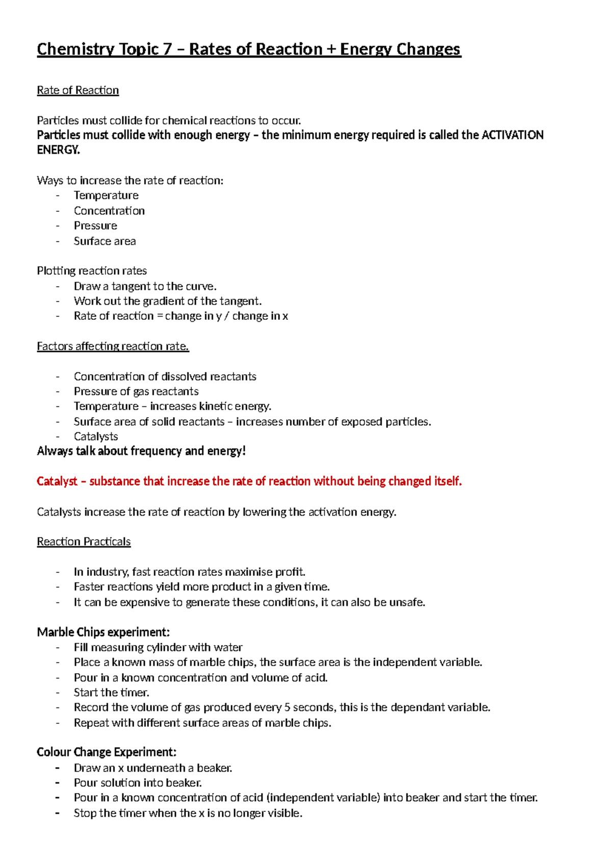 Chemistry Topic 7: Rates of Reaction & Energy Changes - Studocu