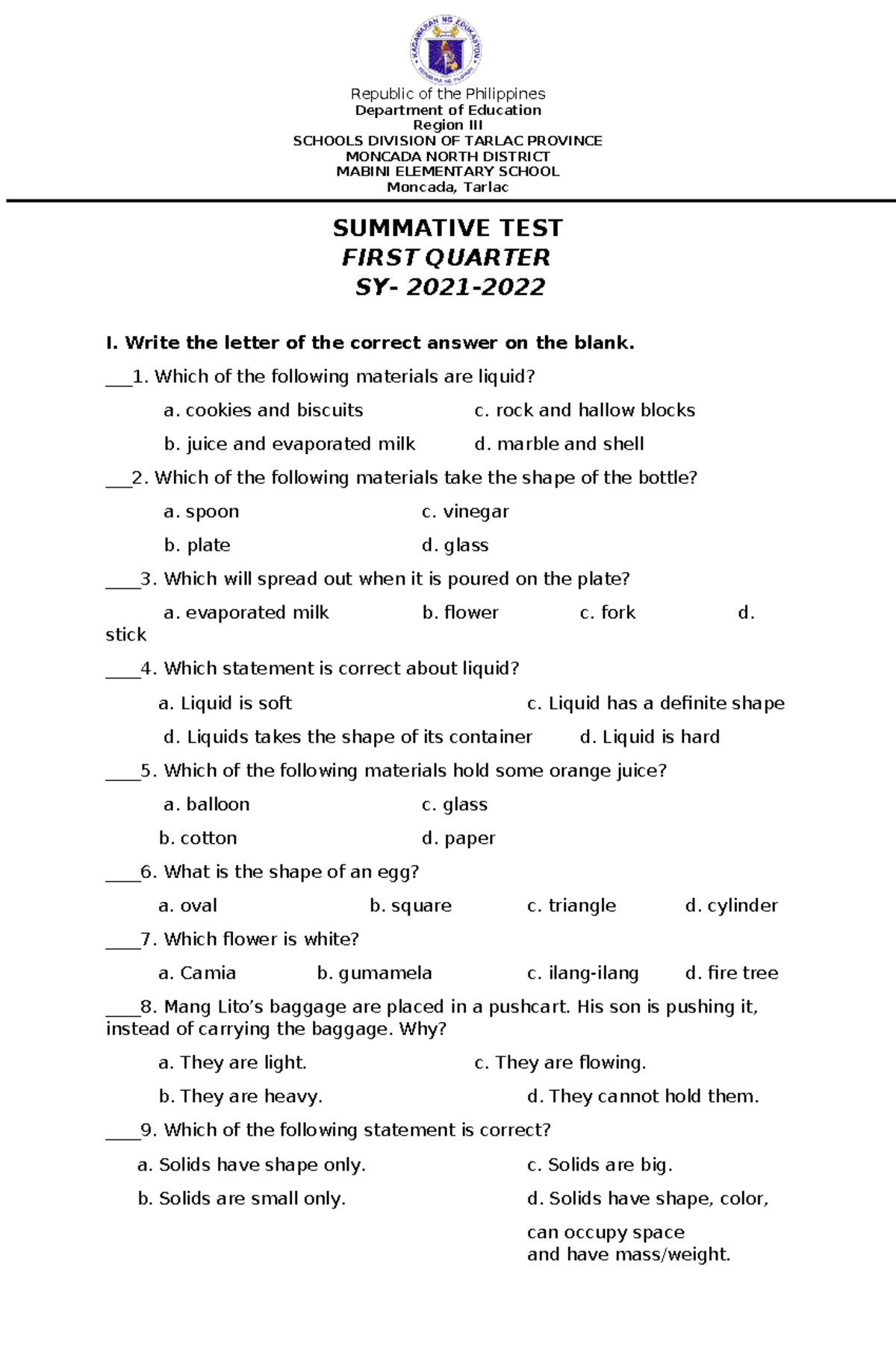 6002002 1st Quarter Summative Test in Science 2 - SSES - Studocu