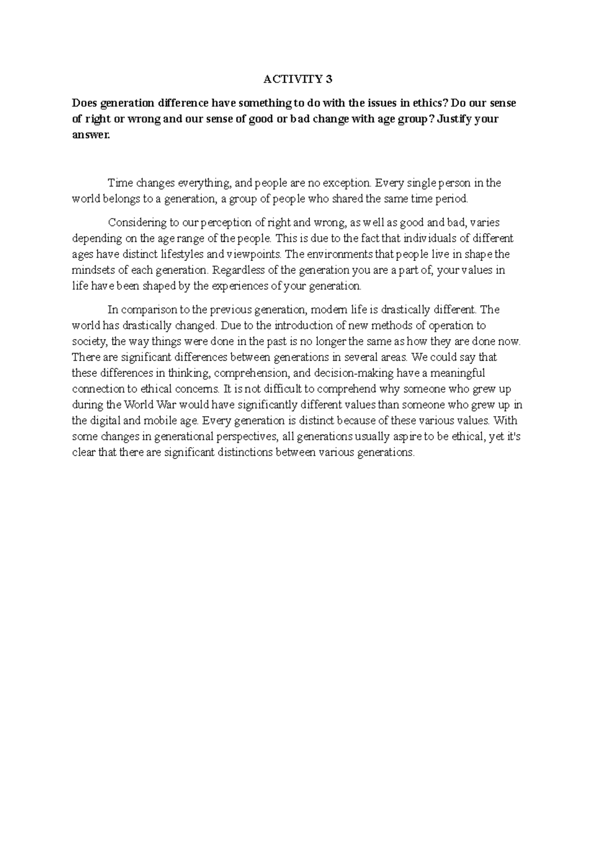 Activity 3 - Acts - ACTIVITY 3 Does generation difference have ...