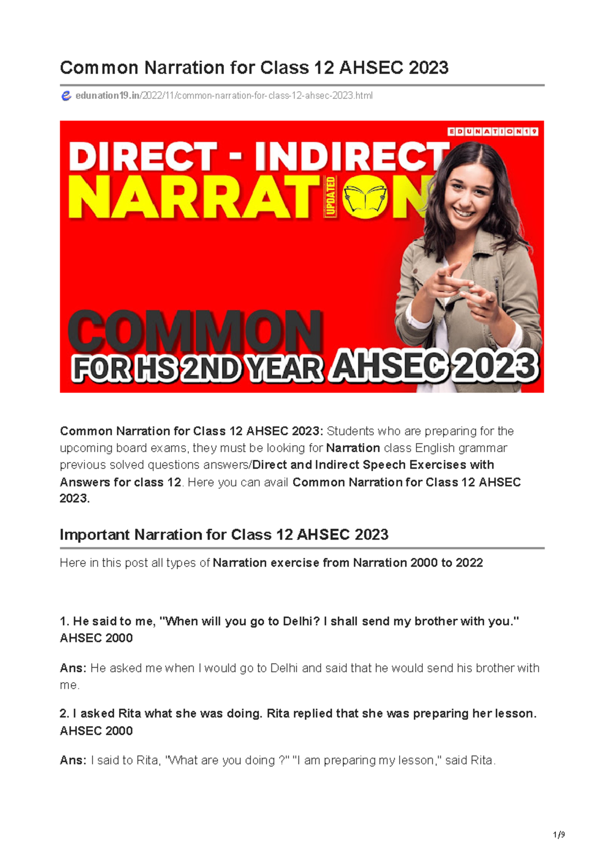 Common Narration Exercises for Class 12 AHSEC 2023 - Studocu
