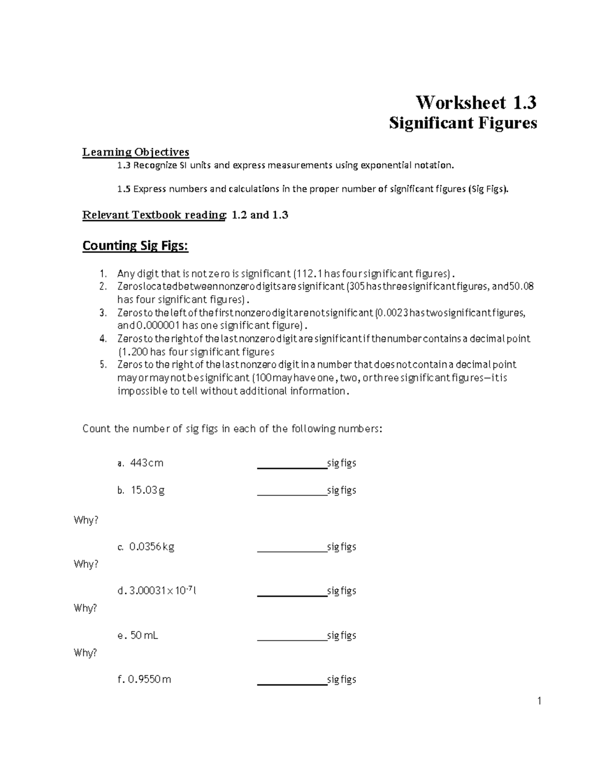 1.3 Significant figures - Worksheet 1. 3 Significant Figures Learning ...