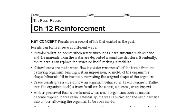 Biology 1 Ch 12: The Fossil Record & Geologic Time Scale Reinforcement ...