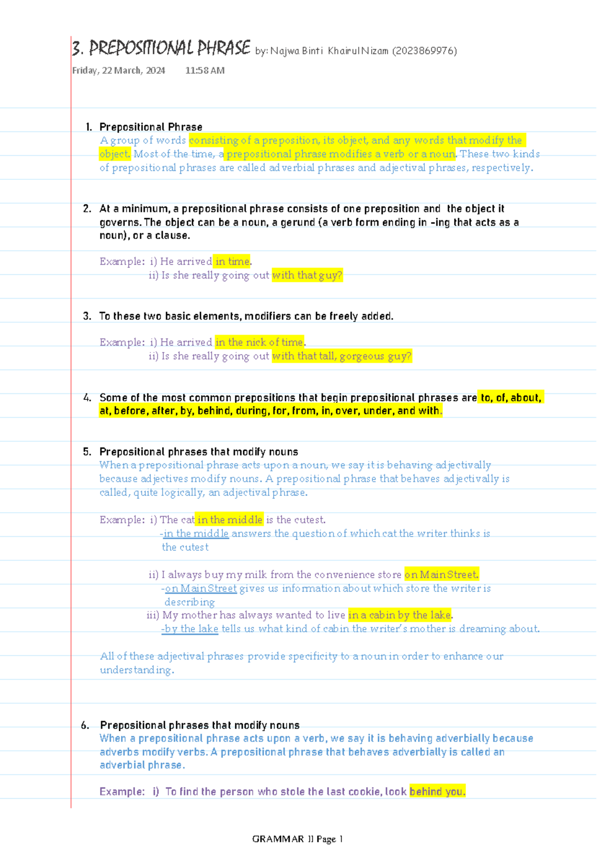 3. Prepositional Phrase Overview - Grammar II Notes by Najwa - Studocu