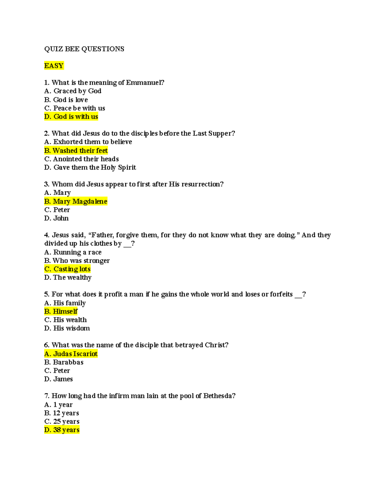 Quiz Bee Questions and Answers: Easy to Difficult Levels - Studocu