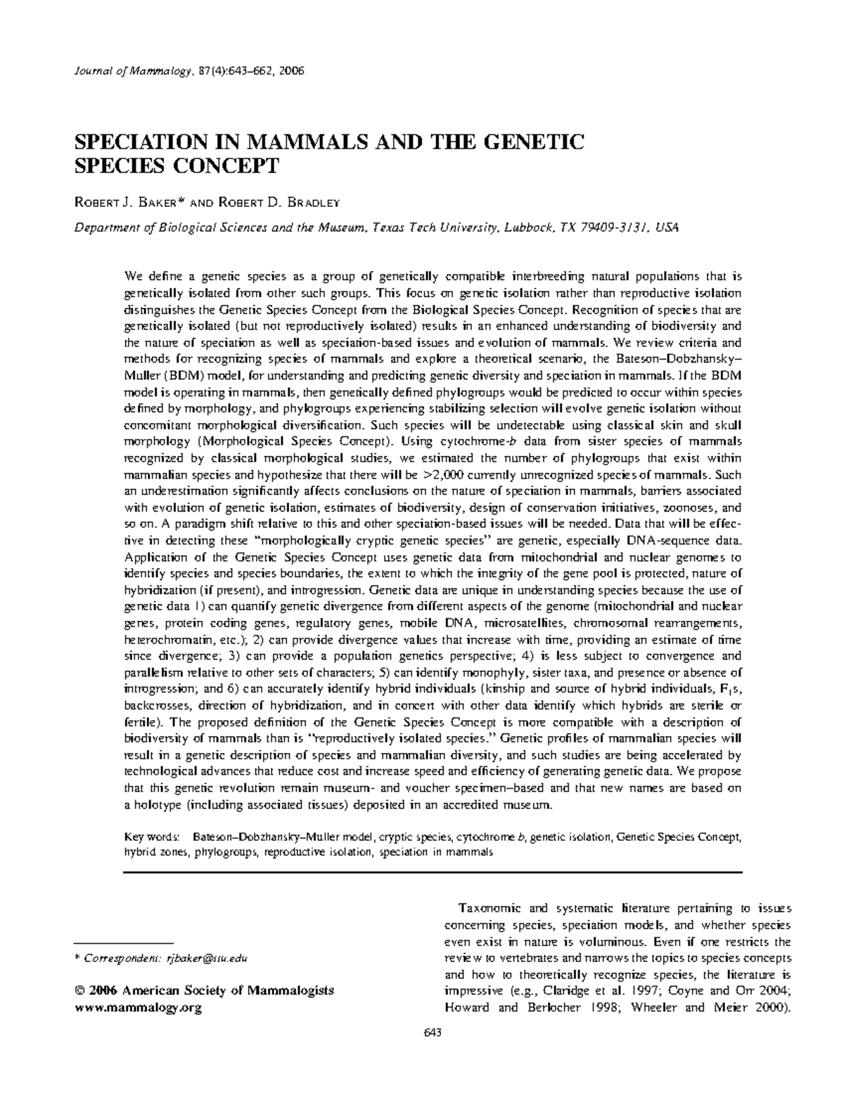 Genetic Species Concept and Speciation in Mammals: Insights and Methods ...