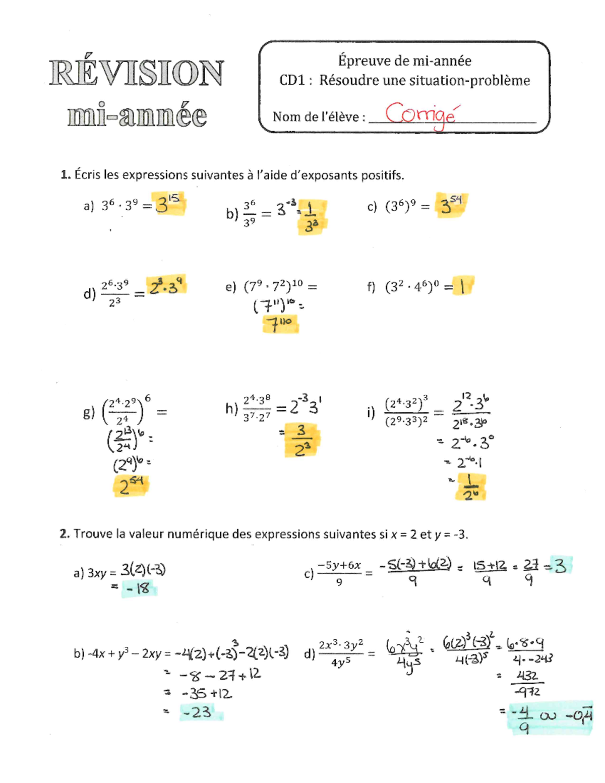 Révision pour Examen Mi-Année CD1 (2023-2024) - Corrections et ...