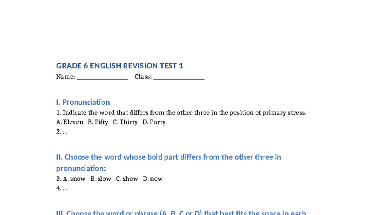 GRADE 6 ENGLISH REVISION TEST 1 - Pronunciation & Grammar - Studocu
